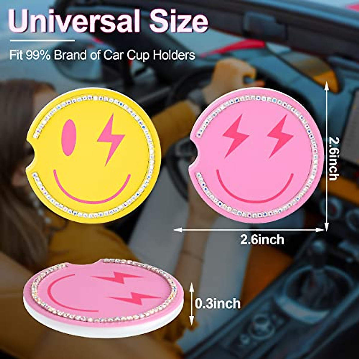 4 Pcs Preppy Car Cup Holder Coasters Pink Bling Car Coasters with Finger Notch Ceramic Cork Base Cute Car Drink Coasters Aesthetic Car Auto Accessories for Women Girl College Student Anti Slip