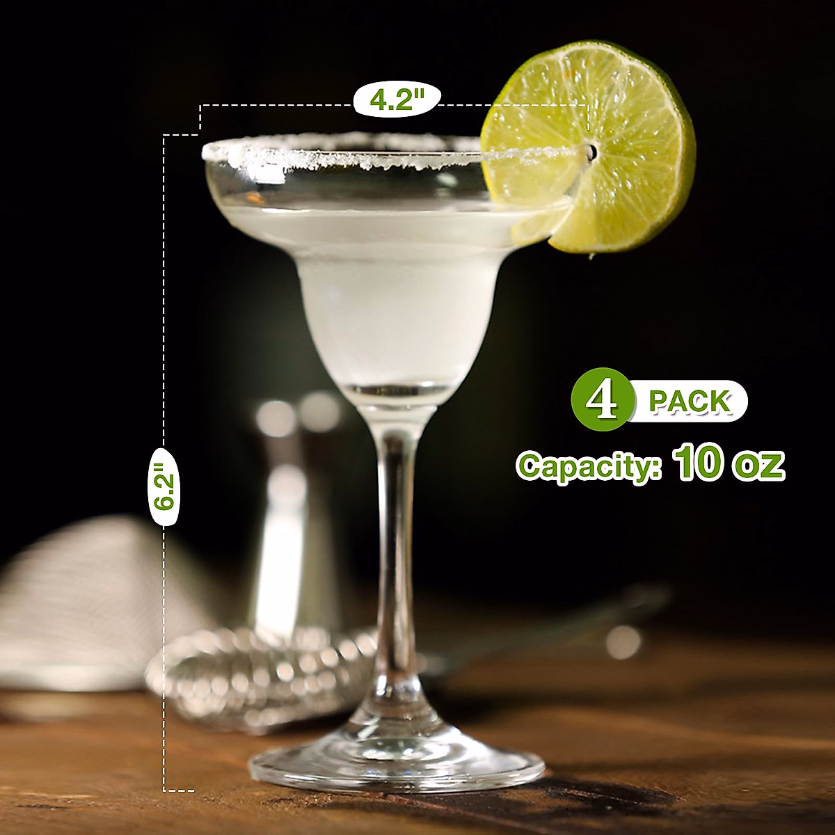 Hand Blown Margarita Glasses Set of 4, 10 Ounce Crystal Cocktail Glasses, Martini Glasses, Clear Daiquiri Glasses, Classic Cocktail Drinking Glasses, Elegant Glassware for Margaritas, Pina Coladas