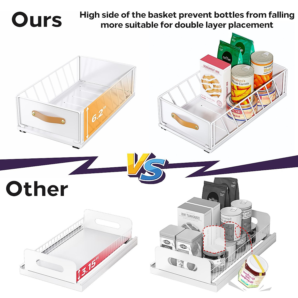 Pull out Cabinet Organizer Fixed with Adhesive Nano Film,Heavy Duty Slide out Pantry Shelves Drawer Storage,Sliding Mesh Cabinet Basket with Handle for Kitchen, Bathroom,Home, 11.8W"X 15.7D"X6.2"H