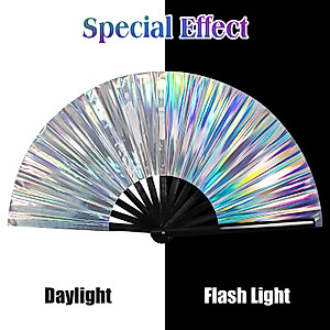 FairySandy Large Rave Fan UV Glow Hand Fan with Holster for Men/women, Rave Fan for Edm Music Festival Club Rave Accessories (Laser)