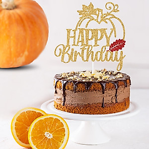 Gold Glitter Pumpkin Happy Birthday Cake Topper, Pumpkin Themed Birthday Party Decorations, Autumn Fall Maple Leaves Birthday Party Decorations Supplies