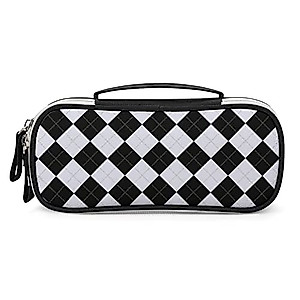 Black and White Plaid Printed Pencil Case Bag Stationery Pouch with Handle Portable Makeup Bag Desk Organizer