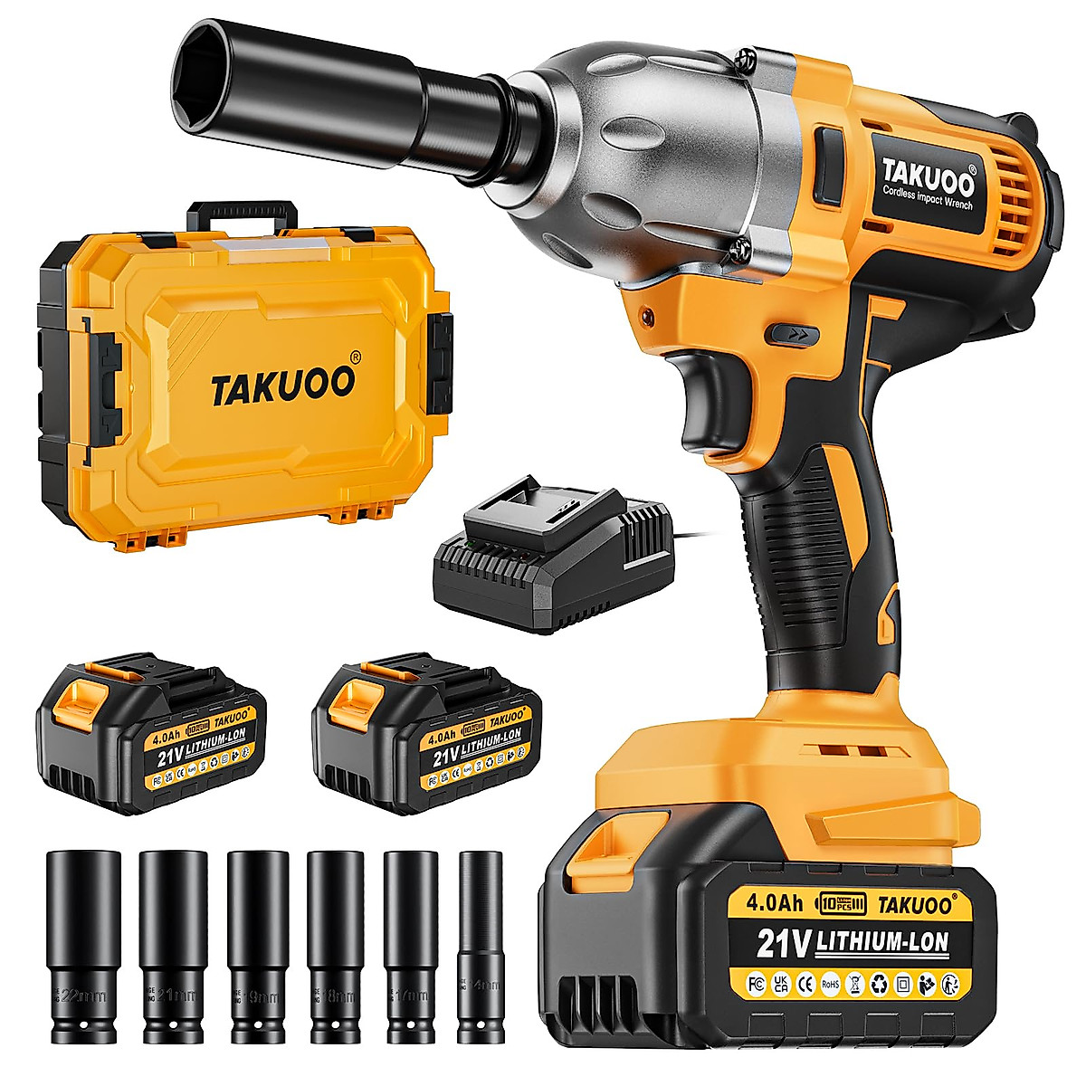 Takuoo Cordless 1/2 inch Brushless Impact Wrench, Max Torque (1000N.m) 740Ft-lbs Electric Impact Gun w/2x 4000mAh Battery, Charger & 6 Sockets, Power Impact Driver for Car Home
