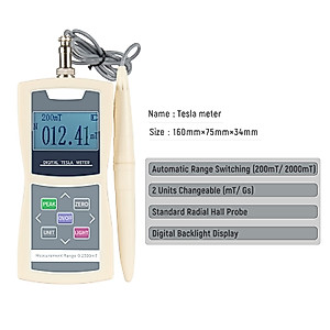 HOJILA Tesla Meter Gaussmeter Surface Magnetic Field Tester Measuring Range 0-2400mT (24000Gs)