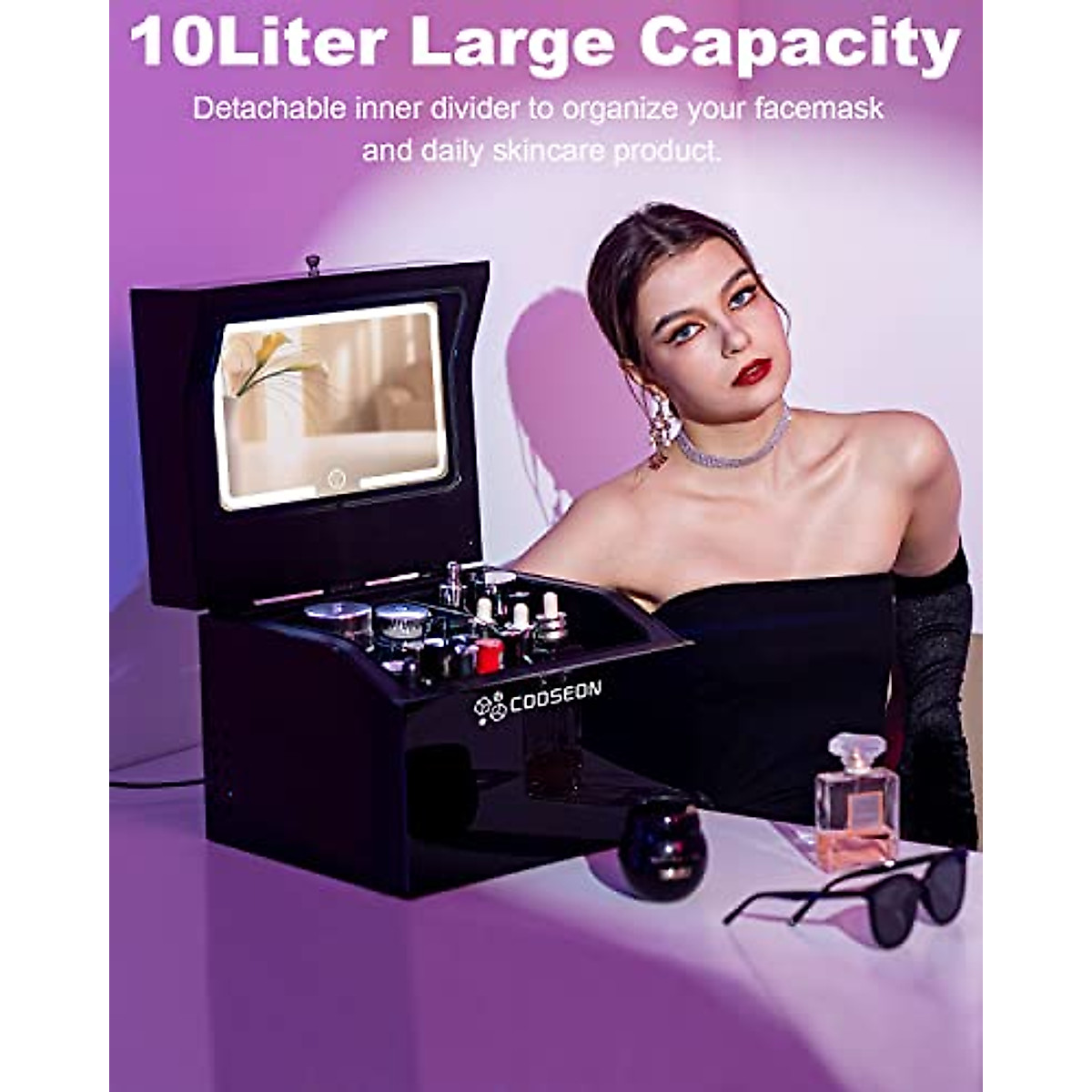 COOSEON Acrylic Skincare Fridge 10 Liter With Adjustable HD Mirror Light Thermostatic Mini Beauty Fridge with Removable Divider Shelf, Cosmetic fridge for Makeup, Bedroom, Office, Room