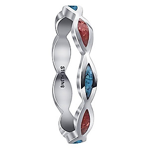 Southwestern Style Oval Turquoise and Coral Gemstone 4mm 925 Sterling Silver Infinity Band Ring for Women Size 8