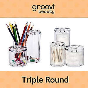GROOVI Beauty Acrylic Triple Round Make Up Container (3 Towers Connected) Compact Size, Great Storage Container for Cosmetics/accs, for use in Bathroom or on Vanity, 5.5" x 5.9" x 5.25"