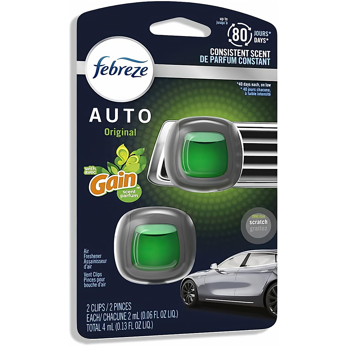 Febreze Car Vent Clip Air Freshener, Odor Eliminator for Up to 30 Days Freshness, 2 Clips (Gain)