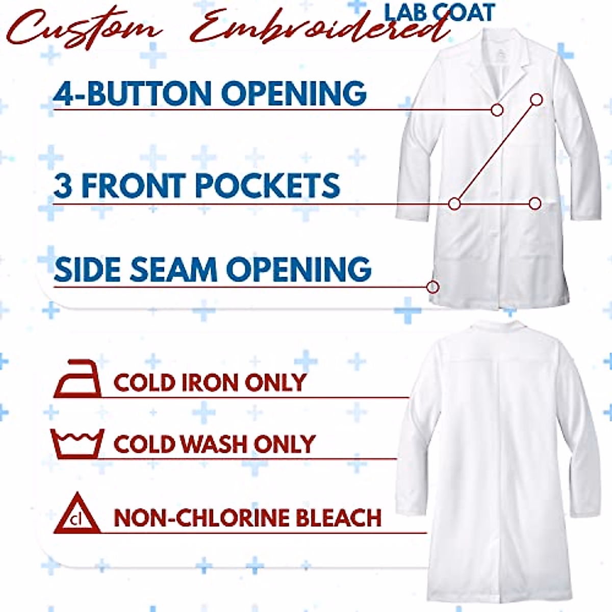 Personalized Embroidered Lab Coat for Women & Men - 12 Thread Colors, 7 Sizes - 3 Pockets & Long Sleeve - Women, Medium, White
