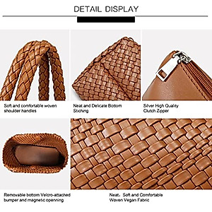 Woven Bag for Women, Fashion Top Handle Shoulder Bag Vegan Leather Shopper Bag Large Travel Tote Bag (Brown)