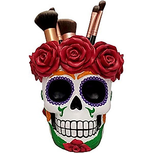 World of Wonders Sugar Skull Day of the Dead Makeup Brush Holder Organizer | Makeup Organizers For Vanity and Sugar Skull Gifts for Women | Día de Los Muertos Decoration - 5"