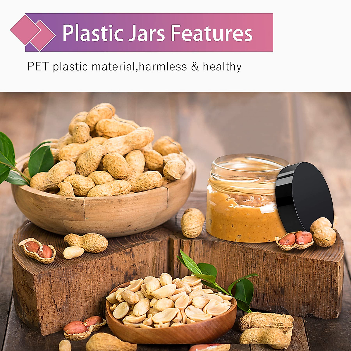 SLifeJars 4OZ Plastic Jars 48Pcs Wide Mouth Round Clear Container Jars with Black Lids Stackable Empty Slime Jars Refillable Clear Airtight Travel Storage Jars for Kitchen, Beauty Products and More