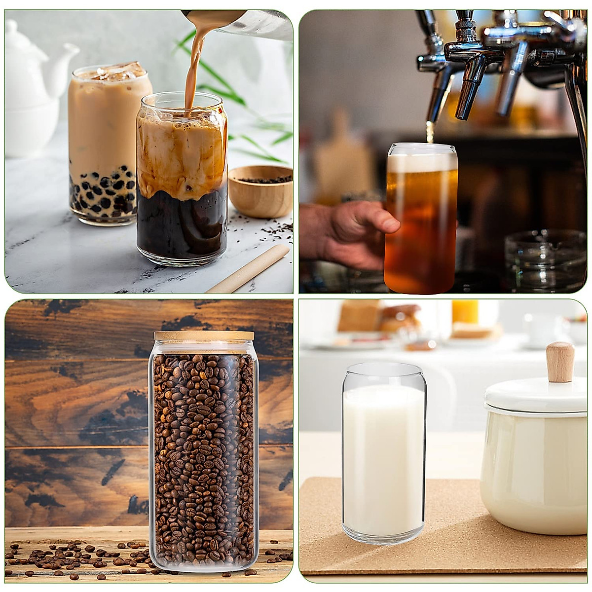 2Pack 16OZ Glass Cups with Lids and Straws ，Smoothie Cup Glass Tumbler with Straw and Lid,Iced Coffee Cup with Lids and Glass Straws ，for Coffee Bar Accessories，Juice, Boba, Smoothie, Tea, Kombucha