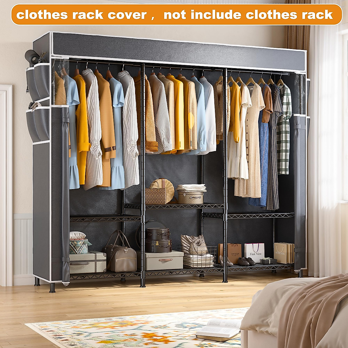 Raybee Garment Rack Cover Only, Fabric Clothing Rack Cover with Zipper, Clothes Rack Cover with PVC Clear Window & 8 Side Storage Pockets, Garment Rack Cover Only 76.7" W X 75.1" H X 17.9" D(Large)
