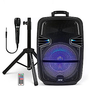 QFX PBX-616SM 15" Bluetooth Rechargeable Speaker with LED Lights, Mic and Stand