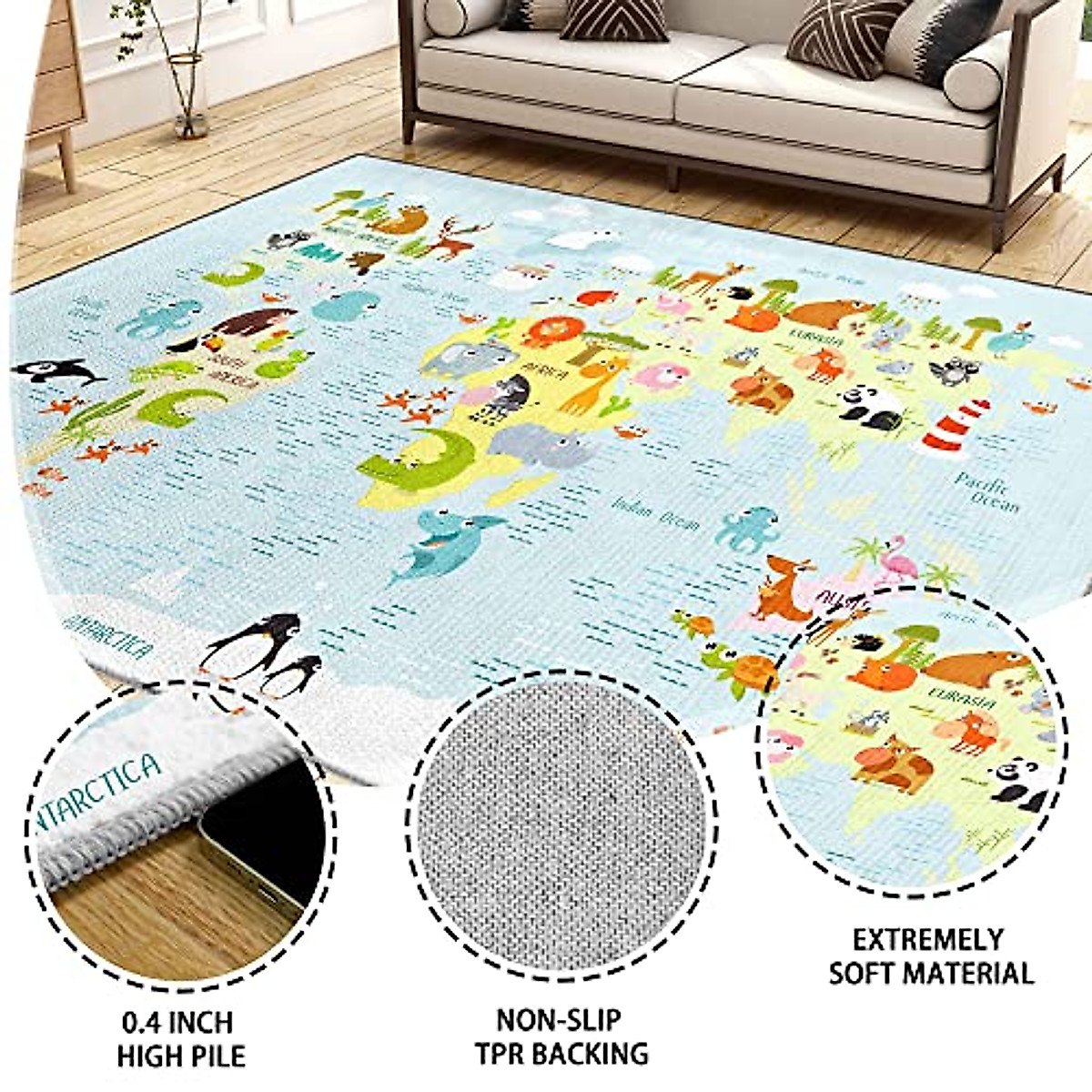 Kids Area Rug World Map Cute Animal Rugs Educational Floor Carpet for Boy Girl Machine Washable Area Rugs for Living Room, Bedroom, Playroom,8' x 10', Blue