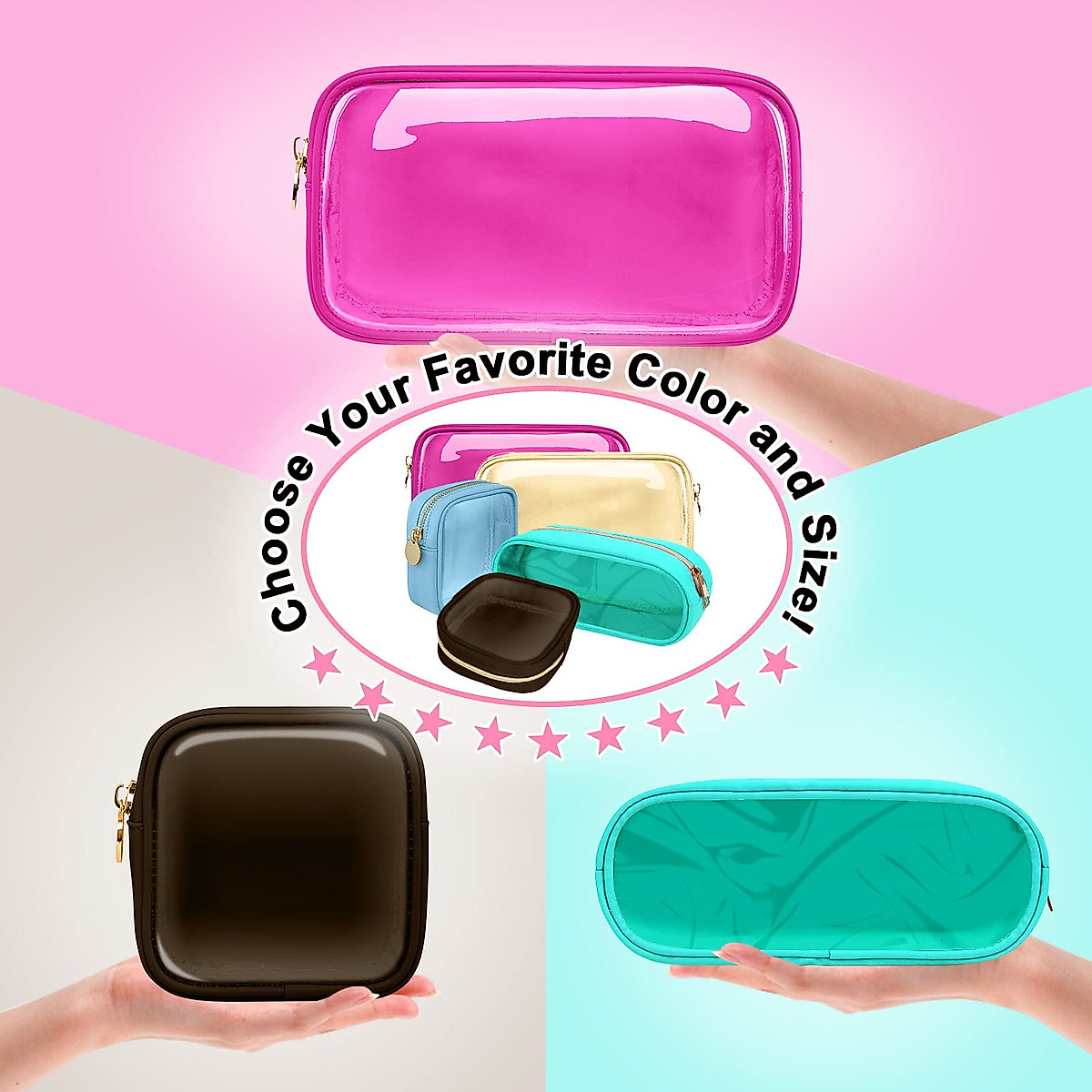 Small Clear Travel Makeup Organizer Bag for Purse, Preppy Makeup Bag Cute Cosmetic Zipper Pouch Purse, Transparent PVC & Nylon Waterproof Toiletry Storage Clutch Coin Pouch for Women Girls(Hot Pink)