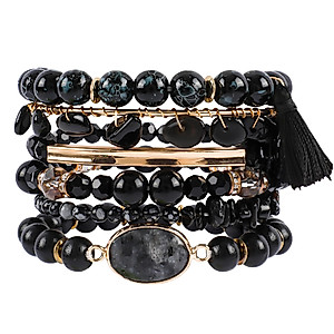 Bohemian Black Stone Beaded Bracelet Sets for Women Stackable Natural Stones Stretch Bracelets with Charm and Tassel, Multilayered Beads Bracelets with Gold Bangle Boho Jewelry, Black Snowflake Stone
