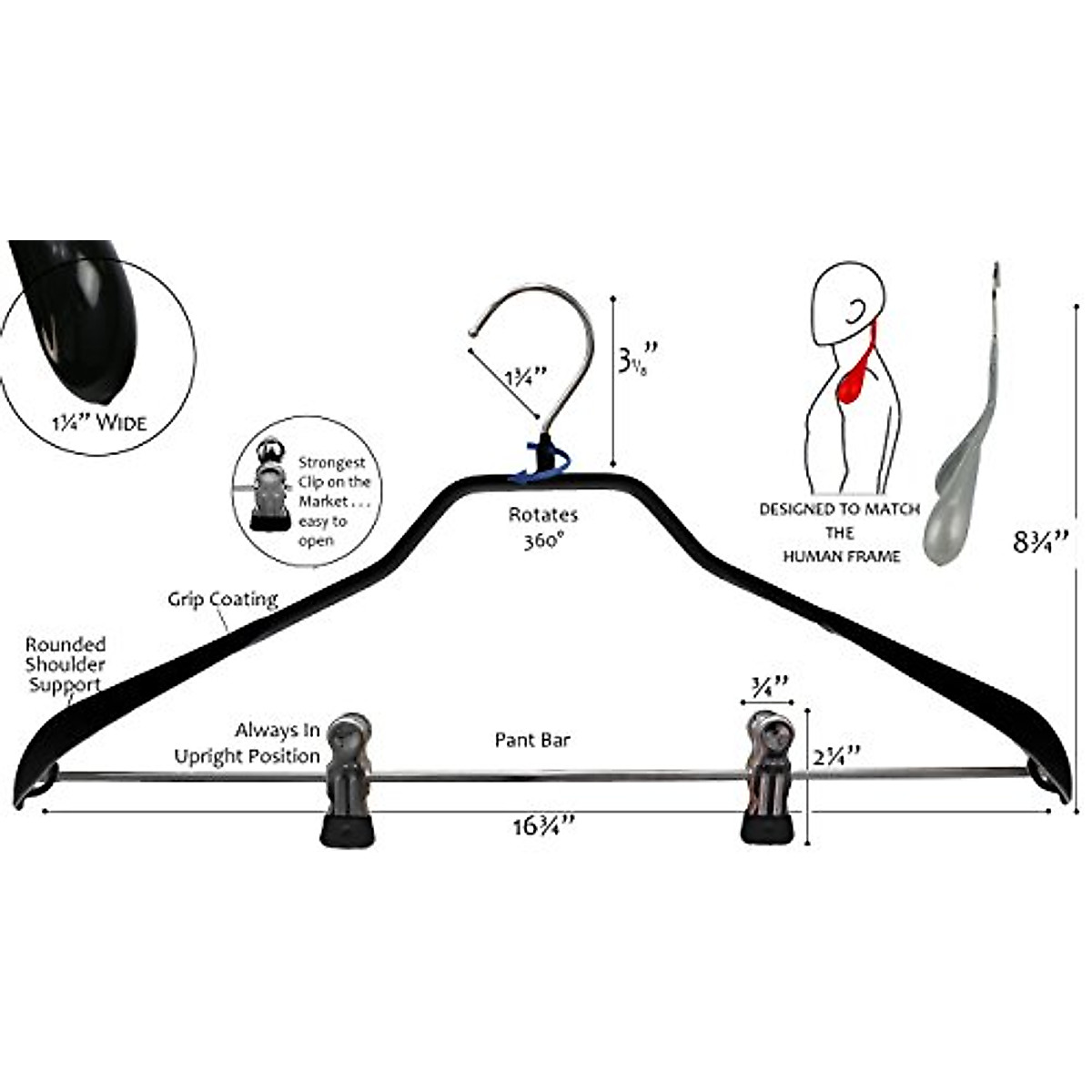 Mawa by Reston Lloyd BodyForm Series Non-Slip Space Saving Clothes Hanger with 2 Clips for Pants or Skirts, Style 42/LK, Set of 5, Black