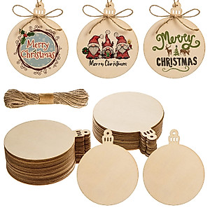 72 Pcs Wooden Christmas Ornaments Unfinished Wooden Circles with Holes Round Wood Discs Slices Blank Wood Christmas Tags with Twine for DIY Crafts Holiday Xmas Tree Party Hanging Decoration,3.1x4
