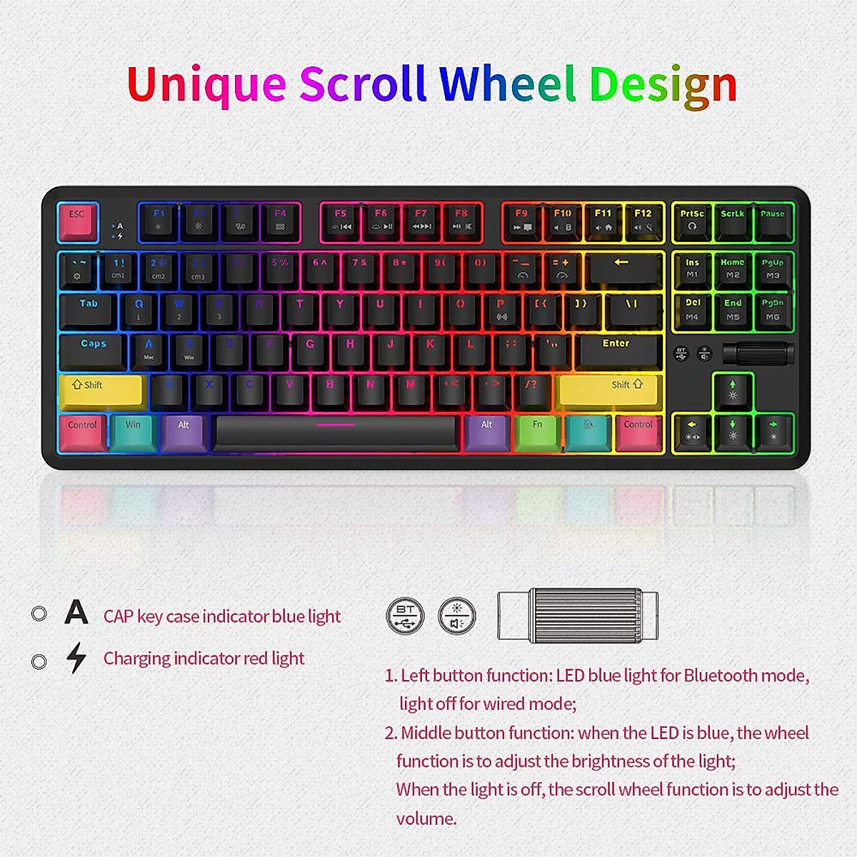 NACODEX K870T TKL Wired/Wireles RGB Mechanical Keyboard | Tenkeyless Bluetooth Keyboard with Volume Wheel Design | 10PCS Mixed Color Keycaps, Up to 3 Devices for Office Gaming (Blue Switch)
