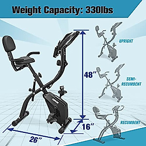 Folding Exercise Bikes DISPANK 3-in-1 X-Bike Indoor Portable Exercise Bikes, Sturdy Foldable Stationary Bike with Automatic Springback Arm Resistance Band and Backrest, 10-Level Resistance for Men, Women and Seniors