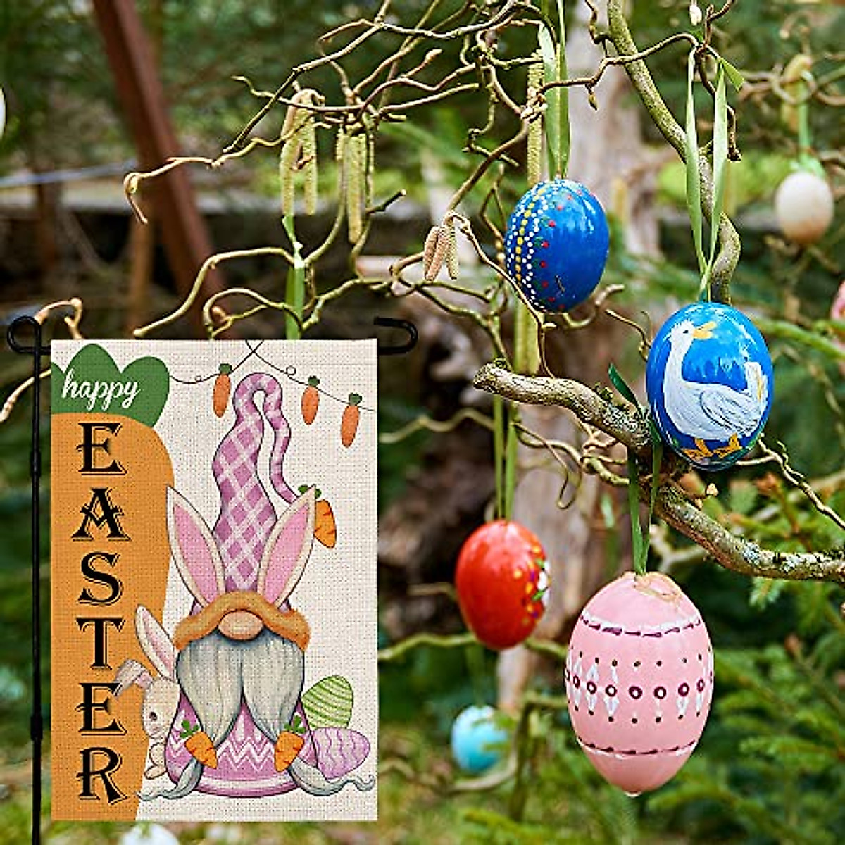 CROWNED BEAUTY Happy Easter Garden Flag Pink Gnome 12×18 Inch Double Sided Carrots Eggs Outside Vertical Holiday Yard Decor