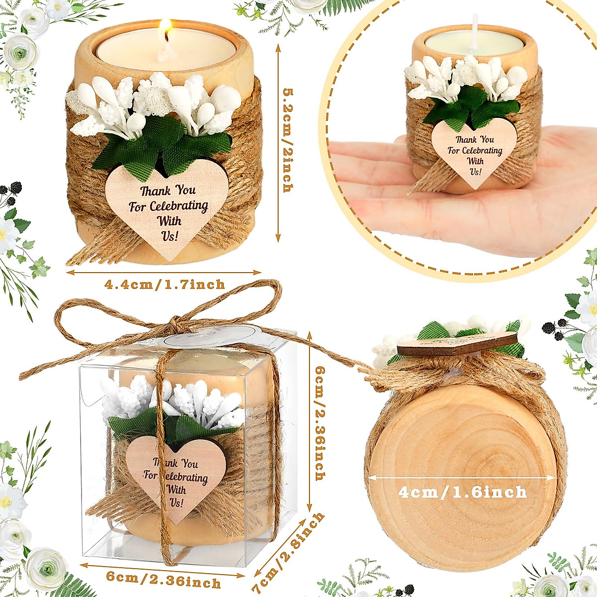 MTLEE 16 Pack Wooden Tealight Candle Holders Kit Wedding Bridal Shower Candles Thank You Guest Gifts Cylinder Handmade Candle with Card Box Rope for Baby Shower First Communion Party Gift(Classic)