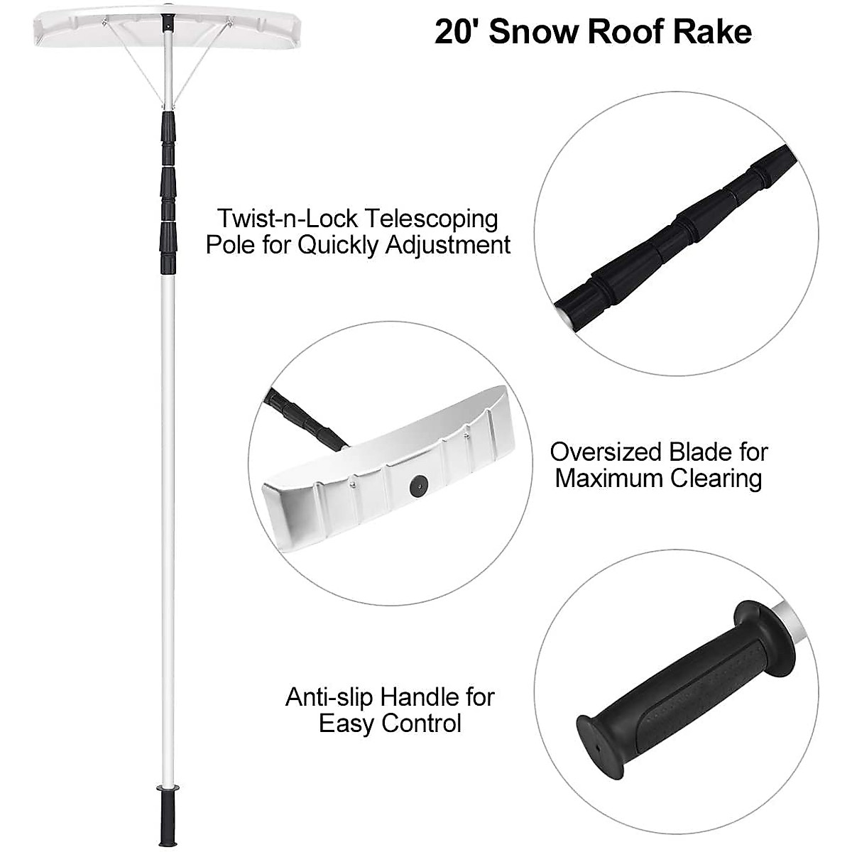 Hysache Snow Roof Rake, 21ft Aluminum Roof Rakes for Snow Removal with Twist-N-Lock Telescoping Design, 6" x 25" Blade, Snow Removal Tool, Extendable Snow Rake for Snow/Wet Leaf/Dribs, Rooftop