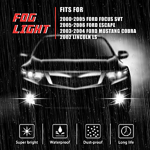 Driving Fog Lights Lamps Replacement for 05-06 Ford Escape, 03-04 Ford Mustang Cobra (SVT Model Only), 02-04 Ford Focus SVT, 2002 Lincoln LS with H10 12V 42W Halogen Bulbs (Clear Lens)