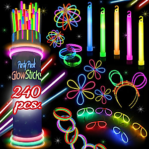 Glow Sticks Party Pack - 240 PCS That Includes, 100 Pcs 8 Inch Glow sticks,10 Pcs Ultra-Bright 6 Inch Glow Sticks, And All Exciting Accessories – Create Glow In The Dark Necklaces, Bracelets, Glasses, Headbands, Balls, Flowers And Much More, Neon Light St