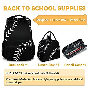 XaocNyx Baseball Backpack with Lunch Box and Pencil Case Set, 3 in 1 Matching Boys Black Backpacks Combo, Cool Bookbag and Pencil Case Bundle