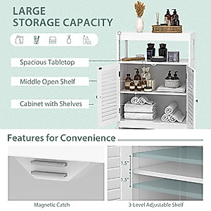 Tangkula Bathroom Storage Floor Cabinet, Free Standing Storage Cabinet with Double Shutter Doors and 3-Position Adjustable Shelves, Wooden Storage Cabinet Organizer for Bathroom, Living Room (White)