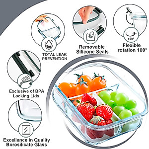 VERONES 5 Pack Glass Meal Prep Containers 3 Compartment Set, 36OZ Airtight Glass Lunch Containers, Glass Food Storage Containers with Lids, for Microwave, Oven, Freezer & Dishwasher Friendly,Grey
