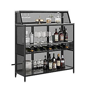 KFO Home Bar Unit, 4 Tier Bar Cabinet with Footrest, Industrial Metal Liquor Cabinet with Wine Rack Storage Shelf, Buffet Cabinet for Home Kitchen Pub (Black)