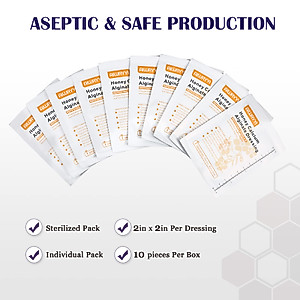 [Pack of 10] Honey Calcium Alginate Dressing 2”x2”, Honey Wound Patches with Calcium, Fast Healing Honey Pads for Bedsores, Surgical Wound, Diabetic Foot Ulcers, Burns and Skin Tears