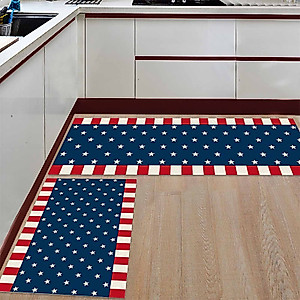 July 4th Kitchen Rugs Sets 2 Pcs Floor Mats Independence Day USA Flag Stars Stripe Red White and Blue Doormat Non-Slip Rubber Backing Area Rugs Carpet Inside Door Mat Pad Sets-16"x 24"+16"x47"