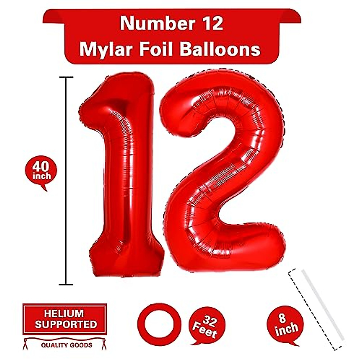 40 Inch Giant Red Number 12 Balloon, Helium Mylar Foil Number Balloons for Birthday Party, 12th Birthday Decorations for kids and adults, 12 Year Anniversary Party Decorations Supplies