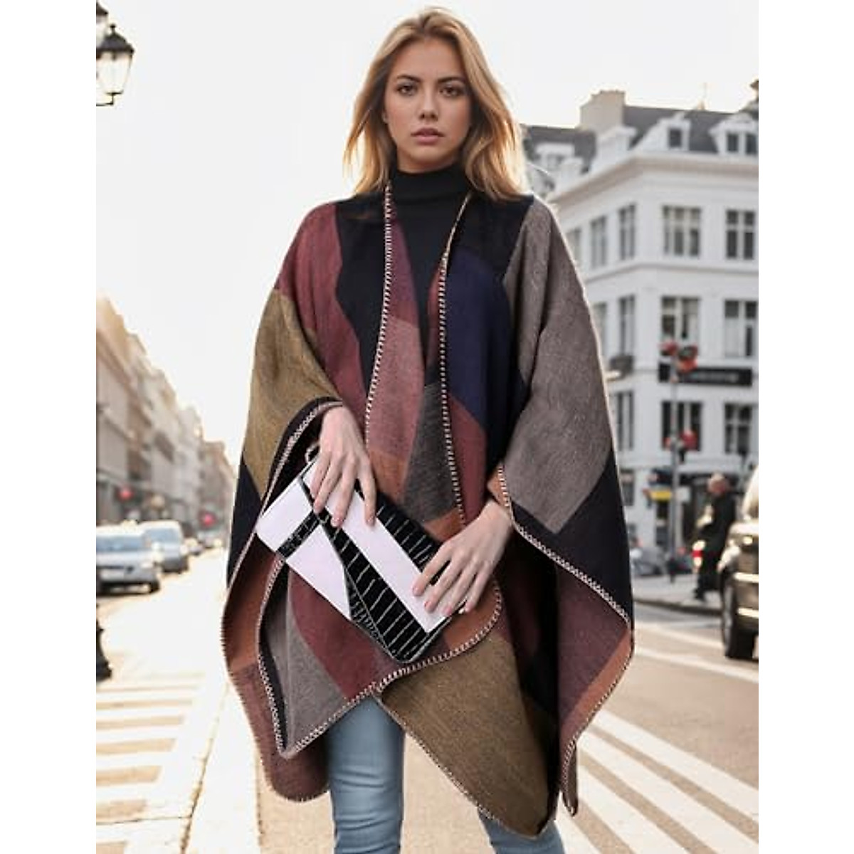 PAMEILA Women's Travel Plaid Shawl Wraps Open Front Poncho Cape Warm Oversized Sweaters Casual Cardigan Shawls for Fall Winter,Series 01-Khaki