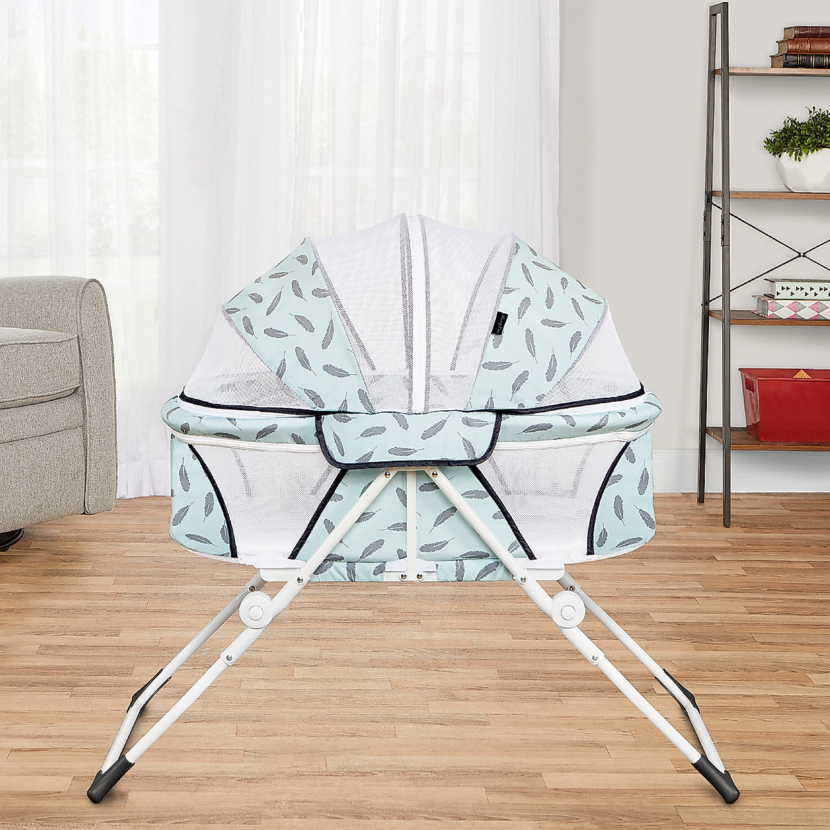 Dream On Me Karley Plus Baby Bassinet, Lightweight Compact Portable Bassinet, Easy and Quick Fold with Removable Double Canopy, Breathable Mesh Design, Ice Blue