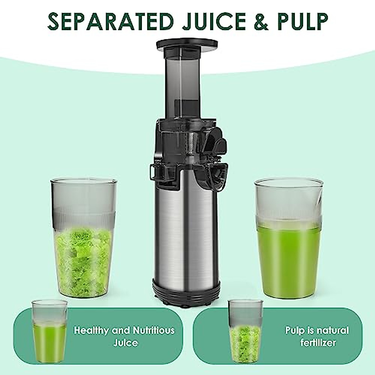 Cushore Masticating Juicer with Powerful 60NM DC Motor, Easy to Clean Cold Press Juice Extractor, Low Noise, Nutrient and Vitamin Dense, 20oz Pulp Cup and Juice Cup and Clean Tool are included