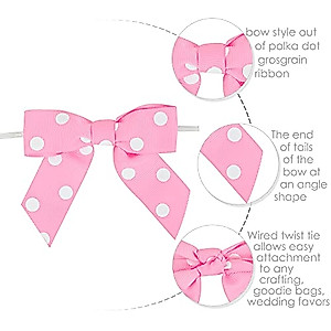 AIMUDI Baby Pink Polka Dot Ribbon Twist Tie Bows 3.5" Premade Dotted Grosgrain Ribbon Bows Pretied Bows for Treat Bags, Crafts, Gift Wrapping, Party Favors, Baby Shower, Cellophane Bag - 12 Counts