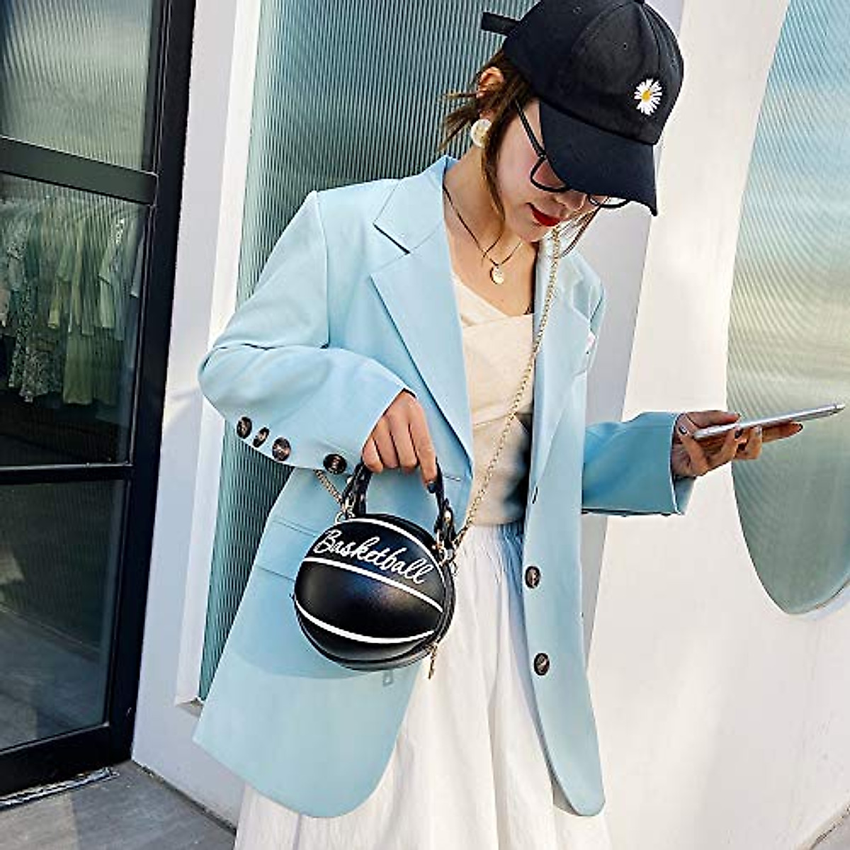 Basketball Shaped Purse Crossbody Bag Round Messenger Bags Tote Shoulder Handbag For Women Girls (Basketball Black)