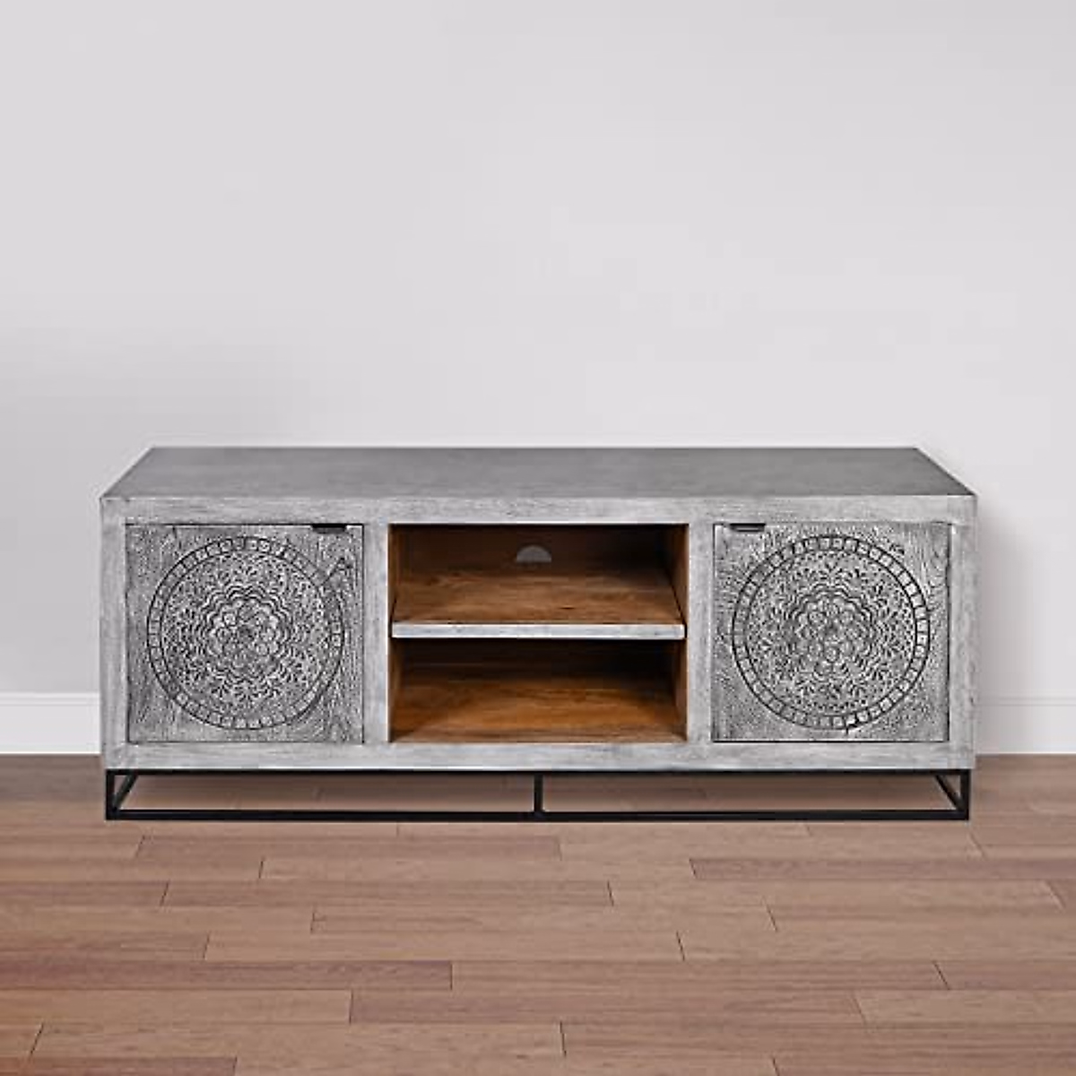 The Urban Port 63-Inch Handcrafted TV Media Entertainment Console, 2 Medallion Engraved Doors, Sandblasted Gray Mango Wood, Black Iron Stand
