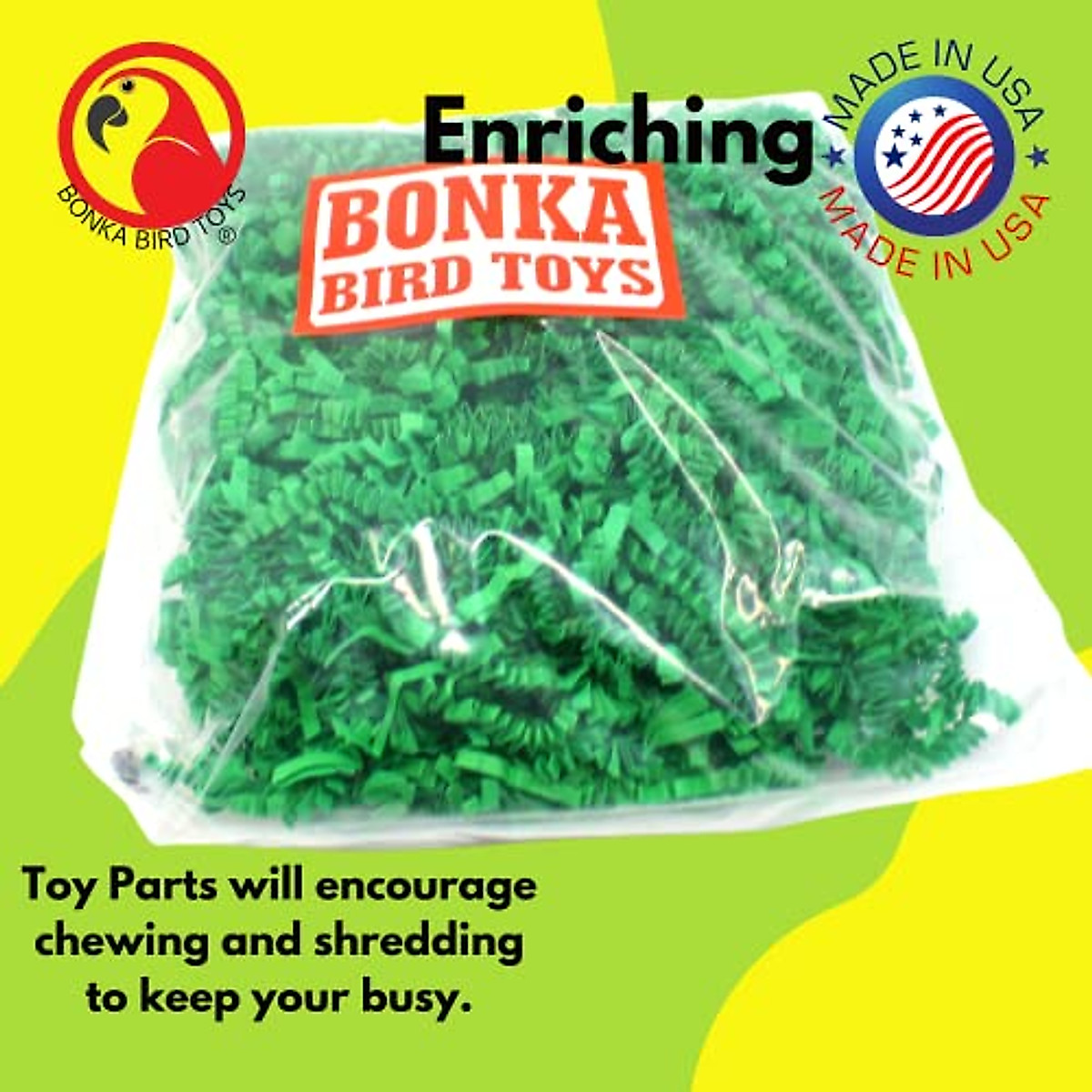 Bonka Bird Toys Colored Crinkle Shred Paper Chew Forage Nesting Treat Natural Multi-Use Craft Part Projects Cockatiels Parakeets Conures Amazons and Other Similar Birds (Green)