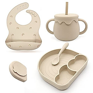 Santi & Me Baby Feeding Set Divided Plate with Suction, Adjustable Silicone Bib, Toddler Training Sippy Cup with Straw, Baby Led Weaning Spoon, Rainbow Plate Dishes and Utensils Set(Beige)