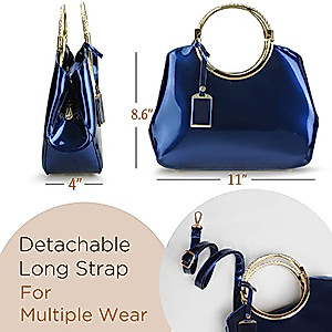 HOXIS Charm Glossy Metal Grip Structured Shoulder Handbag Top Handle Patent Leather Handbags for Women (Navy)