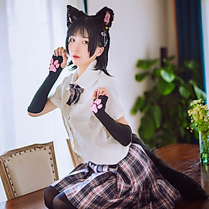 HOMEGYMFREE Cute Cat Paw Mittens Gloves, Kawaii Cat Cosplay Kawaii Soft 3D Toes Beans Fingerless Cat Claw Paws Pad Sleeve (Black-Long)