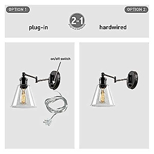 Globe Electric 65311 1-Light Plug-in or Hardwire Industrial Wall Sconce, Dark Bronze Finish, On/Off Rotary Switch, 6ft Clear Cord, Clear Glass Shade, Wall Lights for Bedroom Plug in, Kitchen Sconces