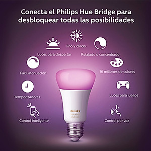 Philips Hue MAIN-54158 White & Color Ambiance LED Starter Kit-3 Multicolor A19 Bulbs, Bridge and Hue Dimmer Switch (Gen 3-Richer Colors), 1 Count (Pack of 1), Multi
